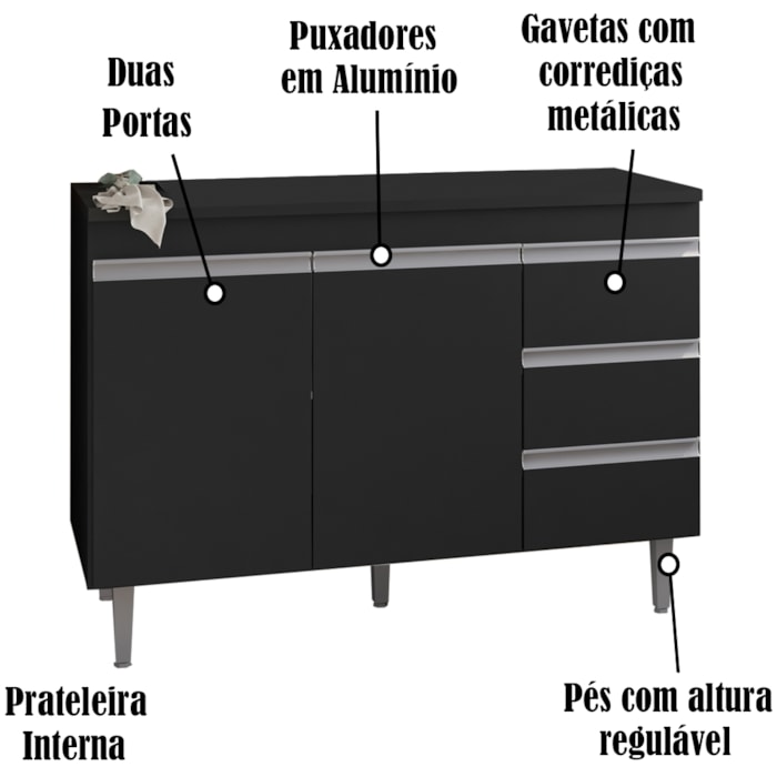 Balcao Para Pia 116 cm 2Portas Andreia Preto REAJL | Milani Store