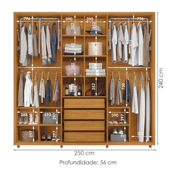 Guarda Roupa Miro 6 Portas Com Espelho 250 cm Cinamomo | Madetec