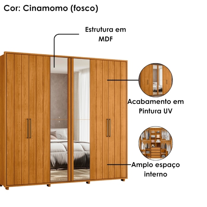 Guarda Roupa Miro 6 Portas Com Espelho 250 cm Cinamomo | Madetec