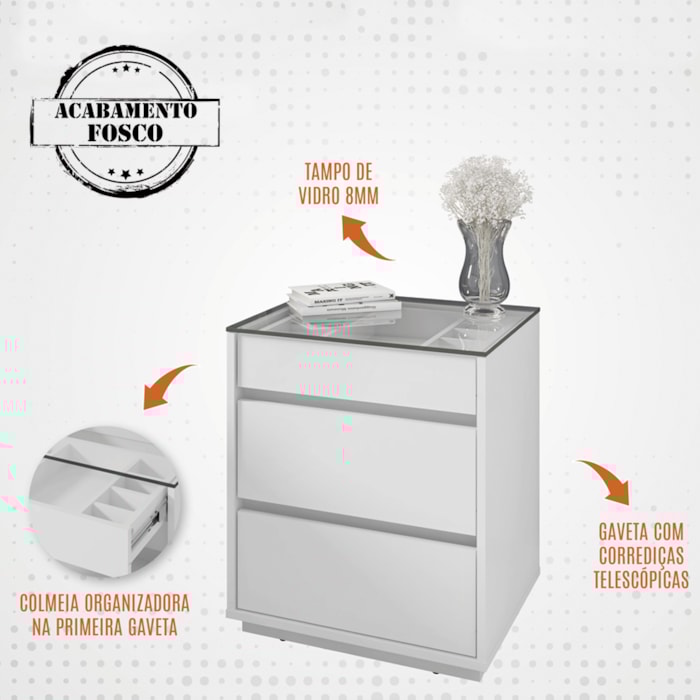 Mesa De Cabeceira 3 Gavetas 010023 Branco DCASA l Milani Store